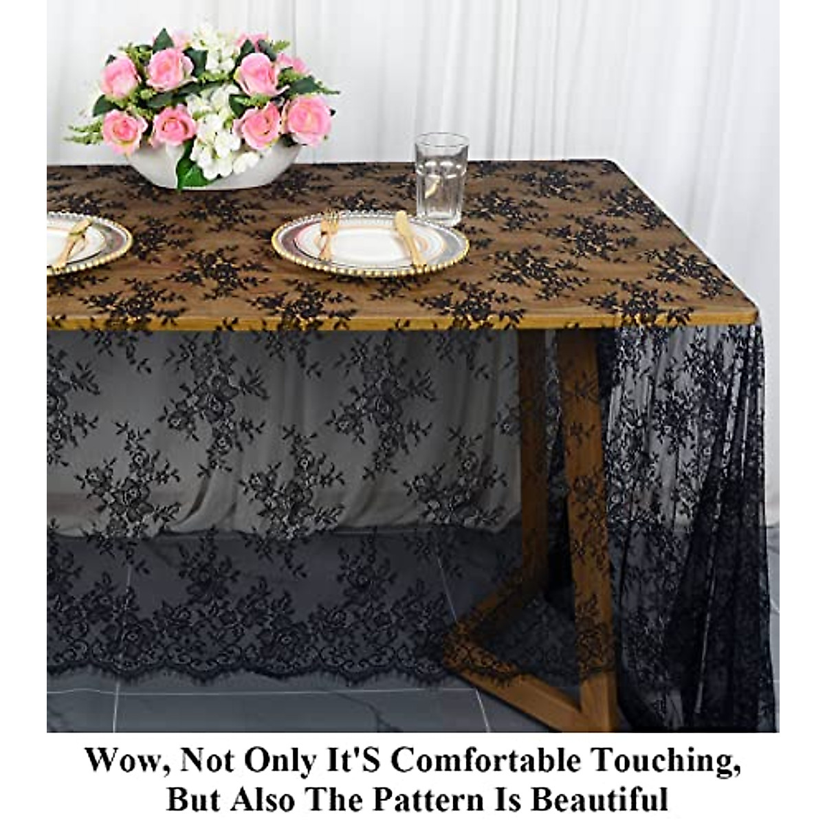Lace Tablecloth Rectangle 60x120 Black Lace Tablecloth Lace Table Clothes Eyelash Vintage Reusable Table Cloths Lace Tablecloth Floral Embroidered Tablecloth Linen Flower Tablecloth (1, Black)