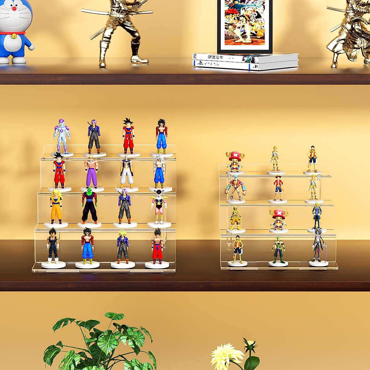 NIUBEE Acrylic Riser Display Shelf, 2 Pack Clear Display Stand for Amiibo Funko POP Figures,4 Tier Cupcakes Stand Perfume Organizer and Storage (9 Inch Small)