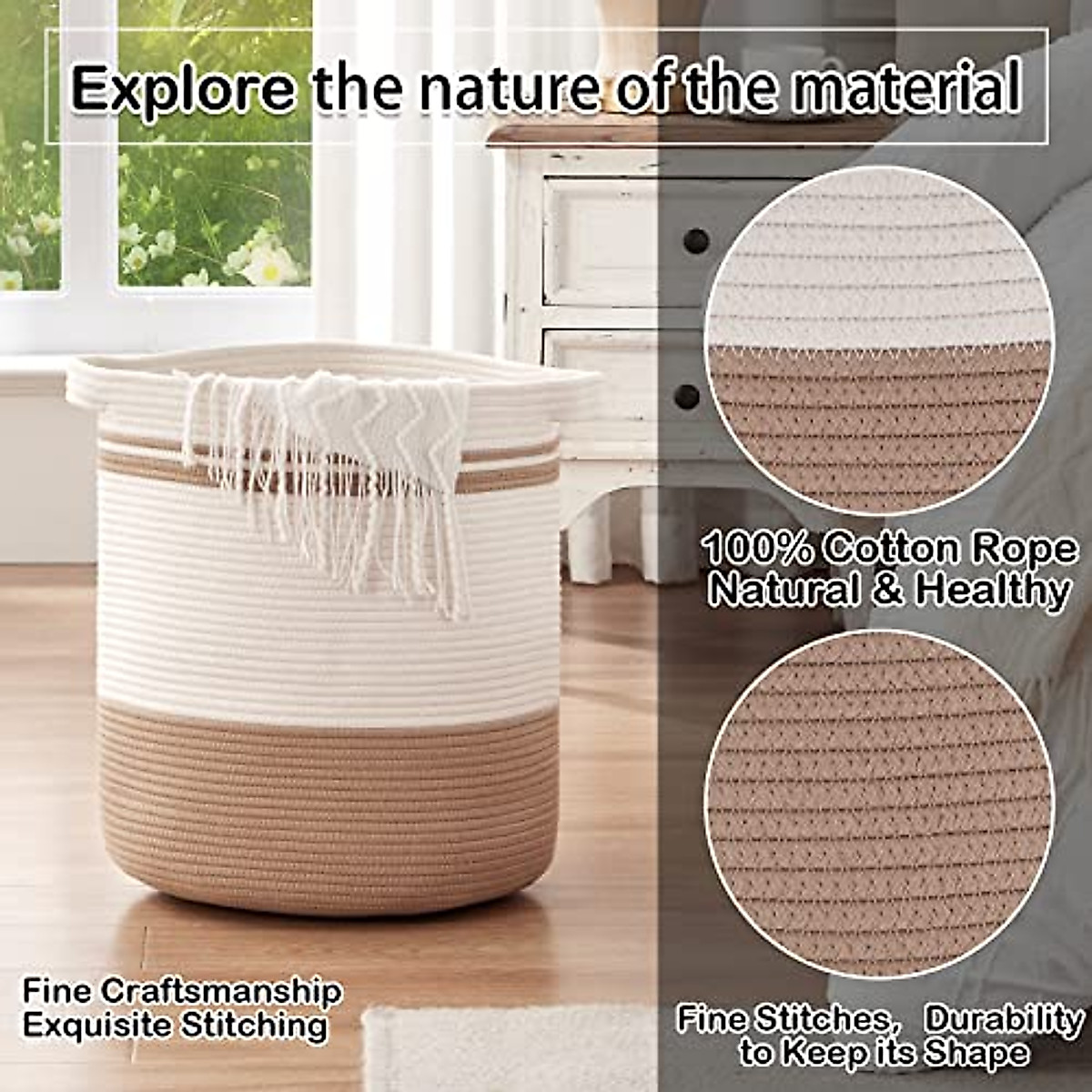 OIAHOMY Laundry Basket- Rope Basket Large Storage Basket with Handles,Modern Decorative Woven Basket for Living Room,Storage Baskets for Toys, Throws, Pillows,and Towels -18"×16"-White&Yellow