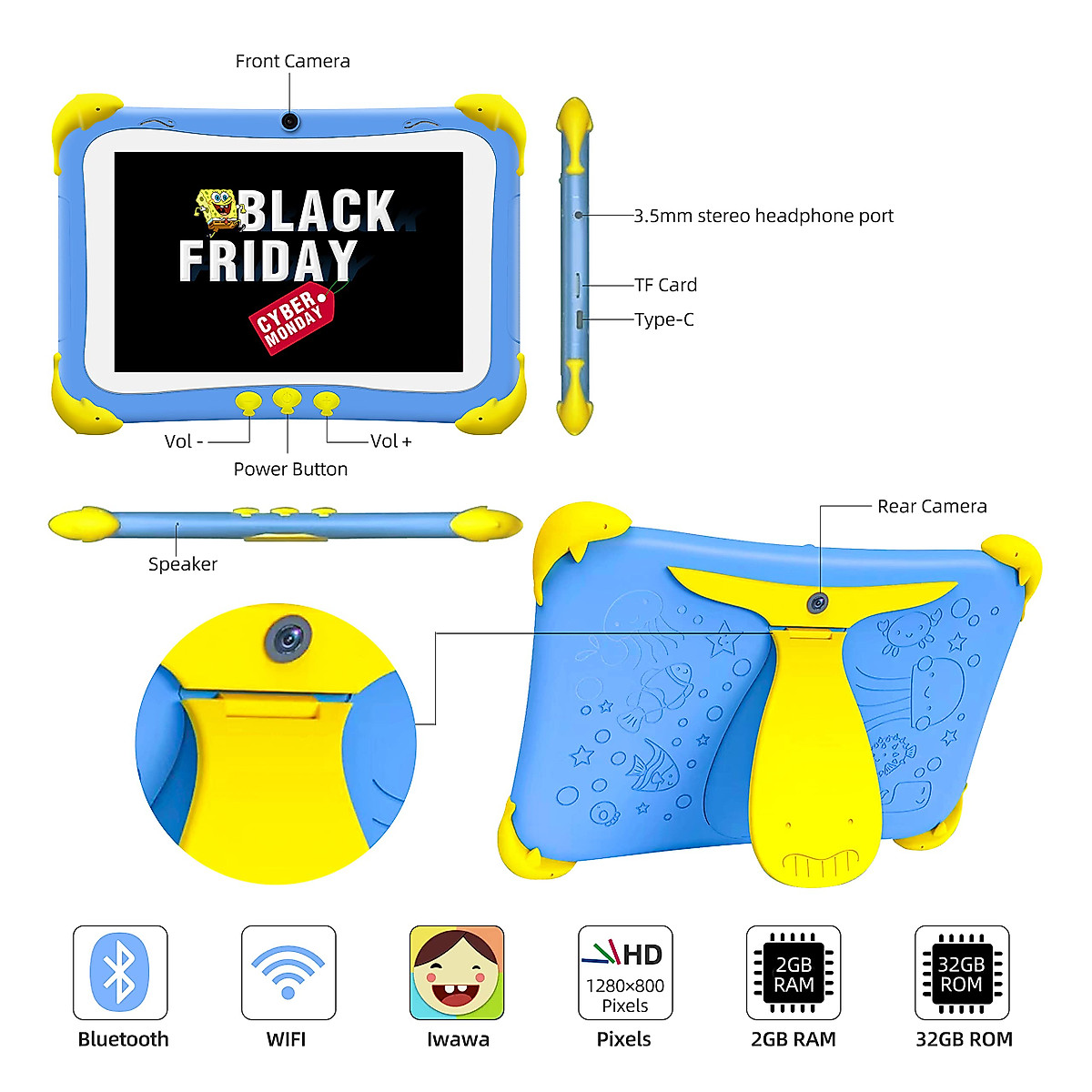 Tibuta K100 8 inch Kids Tablets,Tablet for Kids with Parental Control,Android 11.0 Tablet,2GB RAM, 32GB ROM,1280×800 IPS Display,Kid-Proof Case,WiFi Tablet,Ideal Gifts for Christmas and New Year