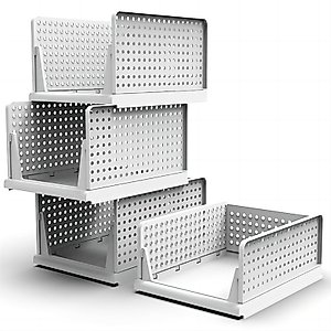 4-Pack Plastic Stackable Storage Basket Closet Storage Drawers Stackable Closet Storage Bins Foldable Wardrobe Storage Boxes Plastic Stackable Drawer Storage for Wardrobe/Desk