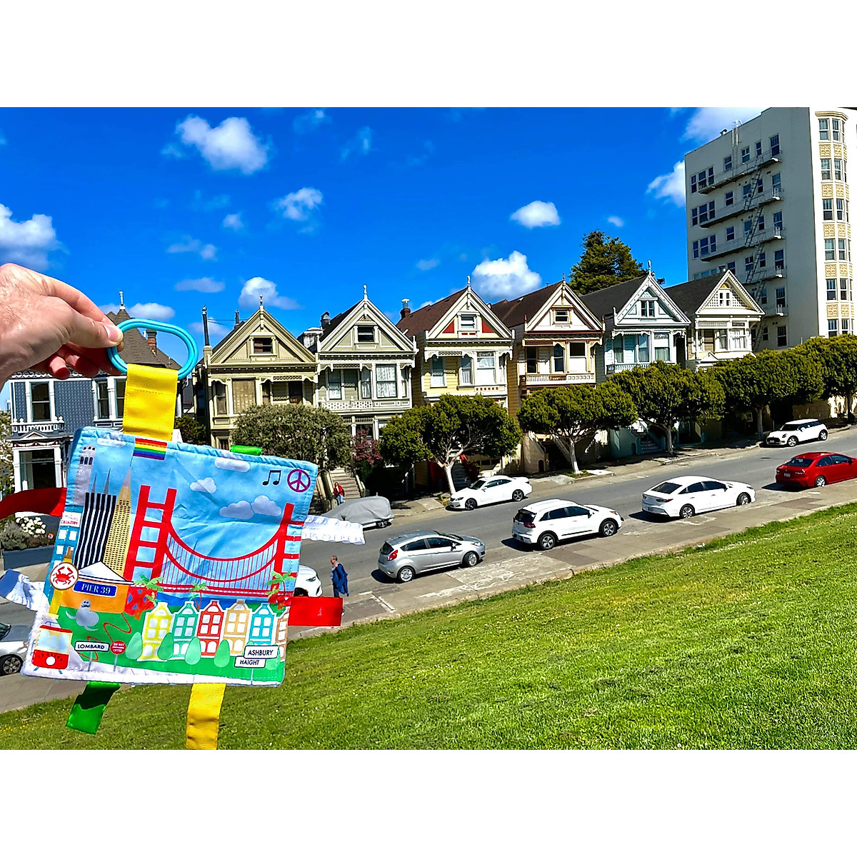 Baby Jack & Co 8x8” Learning Lovey San Francisco California Tag Toys for Babies - Baby Crinkle Toys - Soft & Safe - Learn USA Cities and Shapes - Ideal Baby Toy & Gift BPA Free w/Stroller Clip