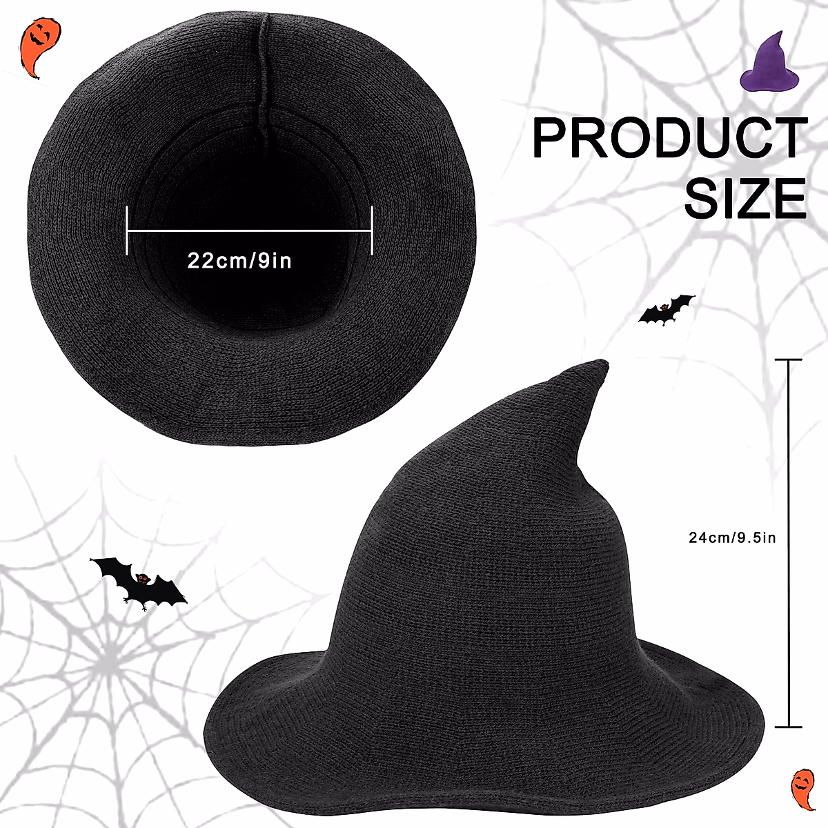 Edoneery Halloween Witch Hat for Women Wide Brim Foldable Pointed Cap for Halloween Party Costume Accessory