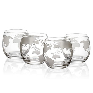 Etched World Globe Glasses 10 oz -Set of 4 by The Wine Savant, Wine, Whiskey, Scotch, Vodka Water or Juice Old Fashion Glasses, World Glasses Etched Globe