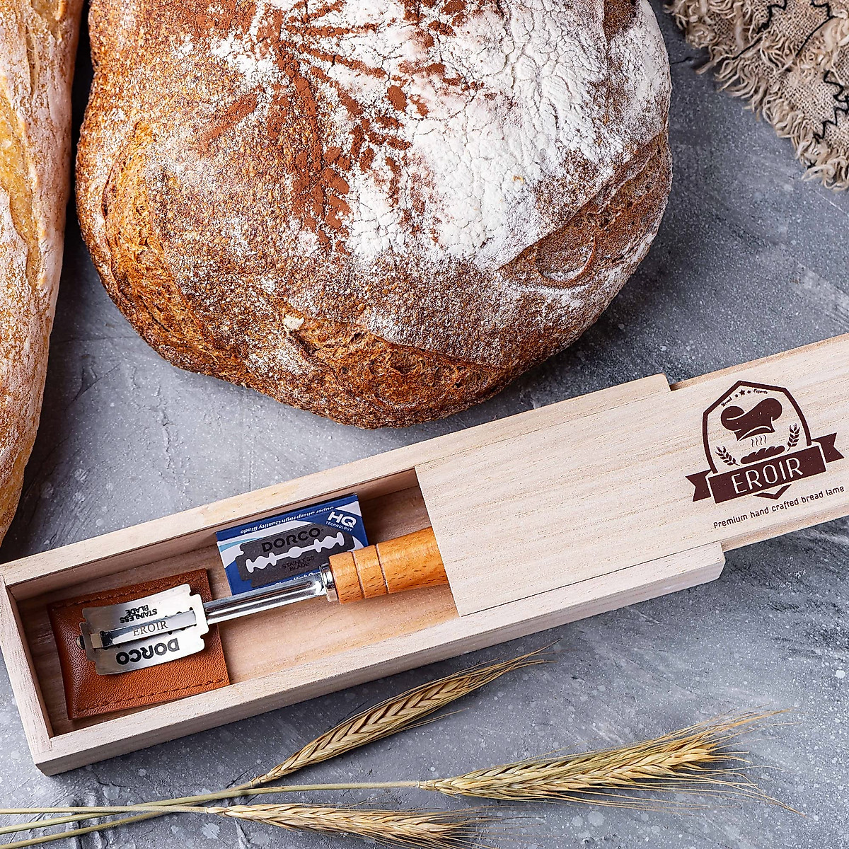 EROIR Hand Crafted Bread Lame Dough Scoring Tool in Wooden Storage Box for Sourdough Bread Baking - Dough Scoring Knife with 10 Extra Blades and a Protective Leather Cover
