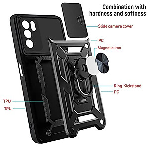 CCSmall Sturdy Case for Oppo A16 with Slide Camera Window, Heavy Duty Protection Phone Cover Case with Ring Stand for Oppo A16/A16s/A54s SJ Black
