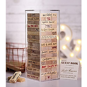 Wedding Guest Book Alternative, 54 PCS Wooden Block w Acrylic Display Box, Guest Book for Wedding Sign in, Baby Shower, Guestbook for Wedding, Wedding Book w 4 Paper Signs and 4 Color Pens