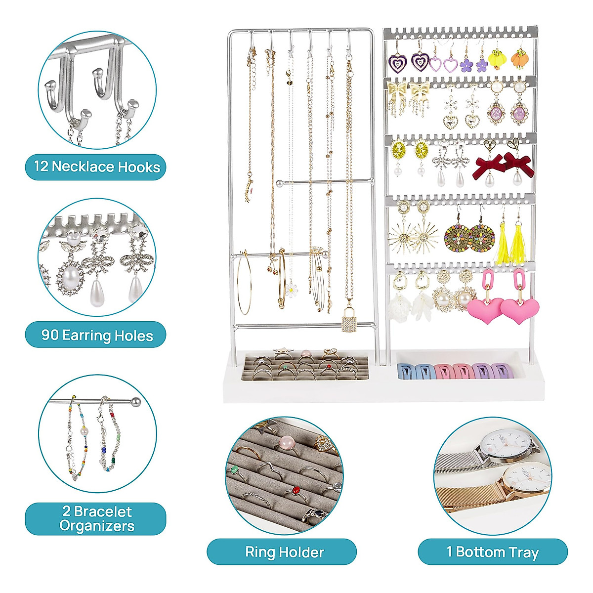 Vtopmart Jewelry Holder Organizer Stand Tree for Earring Necklace Ring Bracelets Display and Storage, with 90 Holes, 12 Hooks, Silver+White