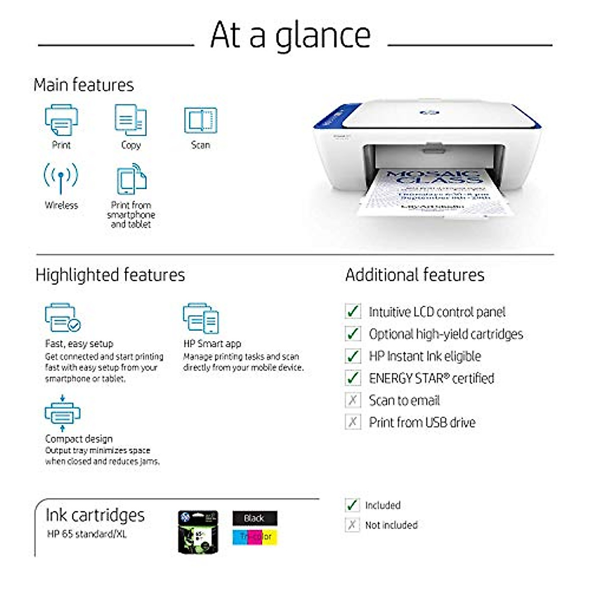 HP DeskJet 2622 All-in-One Compact Printer, Works with Alexa - White (V1N07A)
