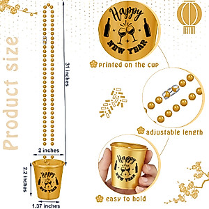 12 Pieces Happy New Year Shot Glass Beaded Necklace Plastic Shot Necklace Cups New Years Party Shot Glasses Necklace Favors for Adults and Teens New Year's Party Family Gathering Supplies, 3 Colors