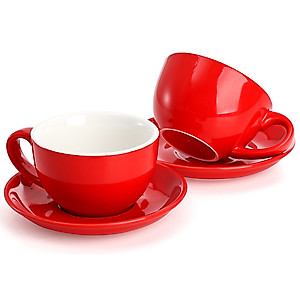 Yesland 2 Pack Ceramic Coffee Cup with Saucer, 8.5 oz Cappuccino Cup Latte Cup, Glossy Red Espresso Cups for Specialty Coffee Drinks, Latte, Cafe Mocha and Tea