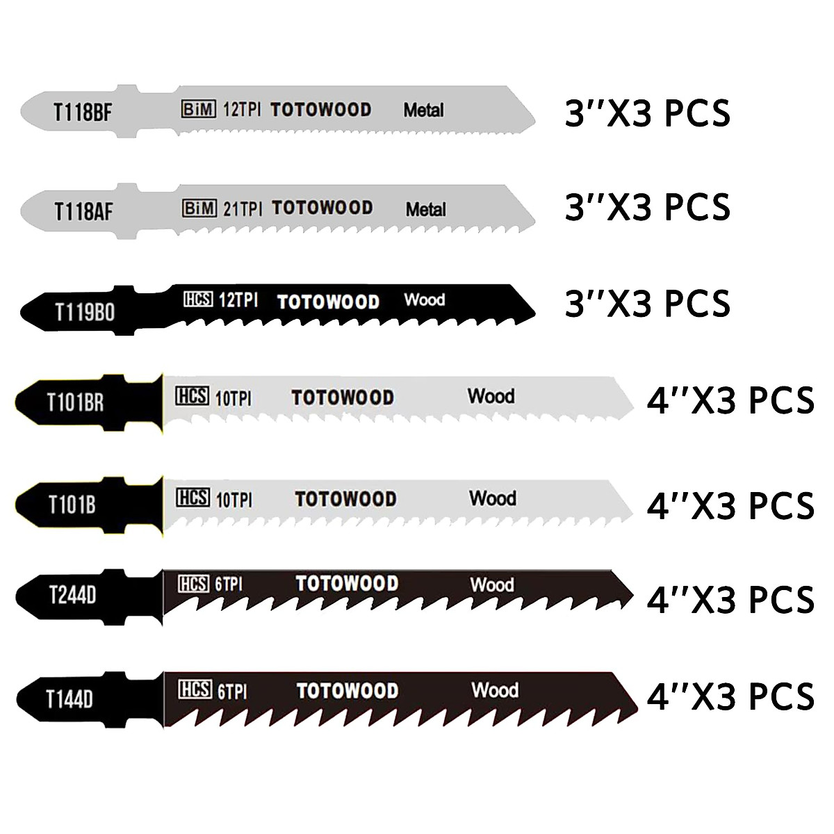 TOTOWOOD 21pcs Jig Saw Blades,Multi-Purpose T-Shank Jig Saw Blades,Assorted Jig Saw Kit Value Pack for Wood, Plastic and Metal Cutting with Carry Case