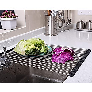 Roll Up Dish Drying Rack Over The Sink Dish Drying Rack Portable Stainless Steel Rolling Rack Kitchen Rolling Dish Drainer Sink Rack Mat Dish Racks for Kitchen Sink Counter (17.7" L x 13" W, Black)