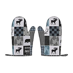 Boulda Oven Mitts Cabin Moose Oven Mitts with Non-Slip Silicone Heat Resistant Oven Gloves Soft Cotton Lining Waterproof Pot Holders for Kitchen Cooking Baking Grilling Decoration