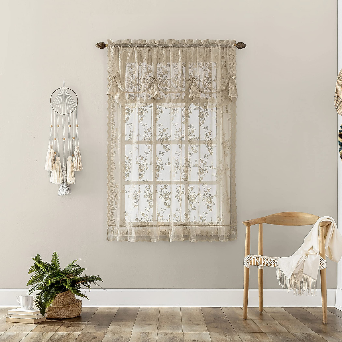 No. 918 Alison Floral Lace Sheer Rod Pocket Window Tie-up Shade, 58" x 64", Stone