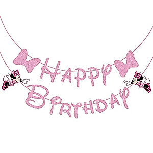 GOGOPARTY Pink Mouse Happy Birthday Banner, Mouse Decoration Pink Themed Birthday Banner For Girl Kids Birthday Party Baby Shower Decorations