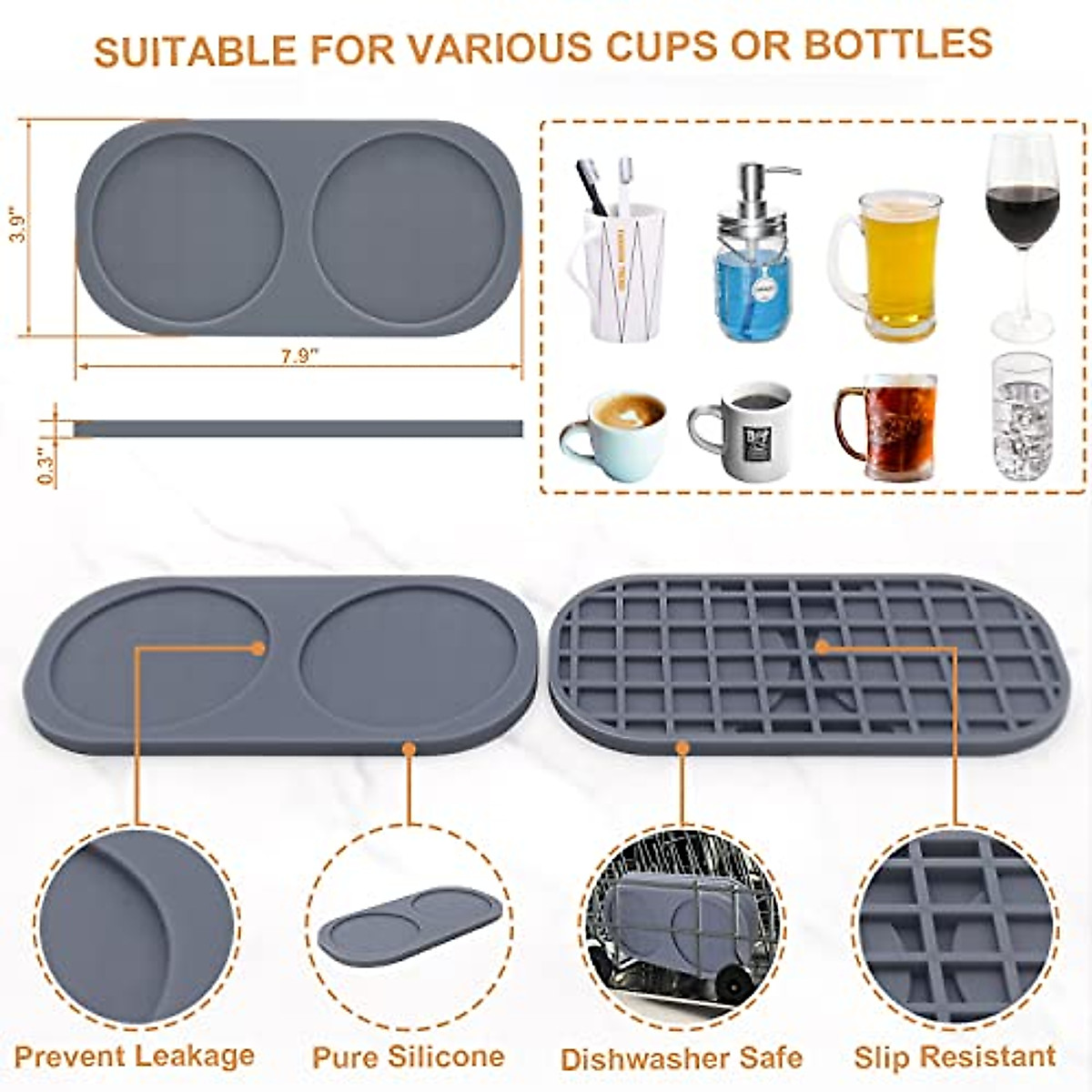 HvOvMvE 2 in 1 Creative Silicone Coaster for Kitchen and Bathroom to Place Soap Dispensers，Tumbler, Toothbrush Holder, Drinks, Cup Mat Protects The Countertop, Non-Slip (Grey)