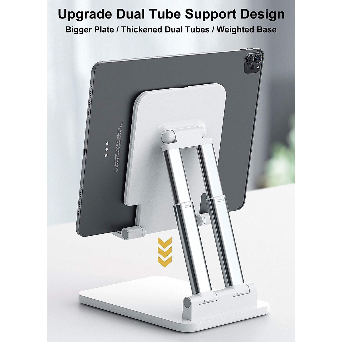 Rosa Schleife Tablet Stand Adjustable Height, Foldable Tablet Holder, Dual Tube Aluminum Solid Tablets Holder, Compatible with iPad, Kindle, Microsoft Surface, Tab, E-Reader, 4-15'' (White)