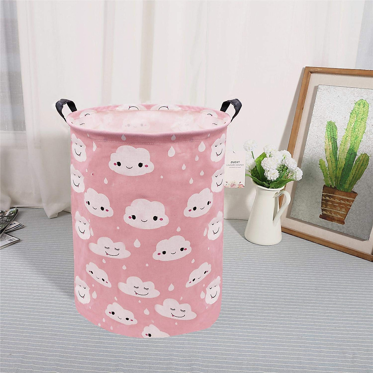 Extra Large Toy Bin Pink Cloud Canvas Fabric Toys Storage Basket, ZUEXT Girls Laundry Hamper, Waterproof Gift Basket with Handles for Baby Nursery College Dorms Kids Bedroom Bathroom