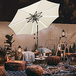 Yescom 10ft Solar LED Lighted Patio Umbrella with Tilt and Crank 8 Ribs Outdoor Market Umbrella for Table Garden Canvas Natural White