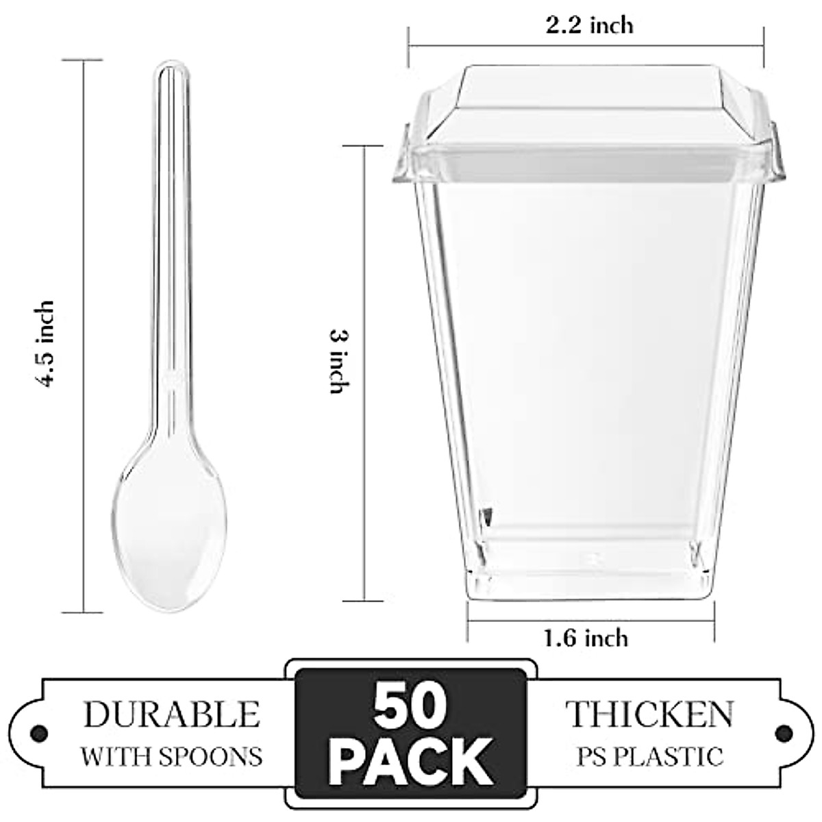 TOFLEN 50Pk 5 oz Mini Dessert Cups with Lids and Spoons, Square Clear Plastic Parfait Cups Party Serving Tumbler Cups for Parfait Appetizers & Dessert Shot Glasses