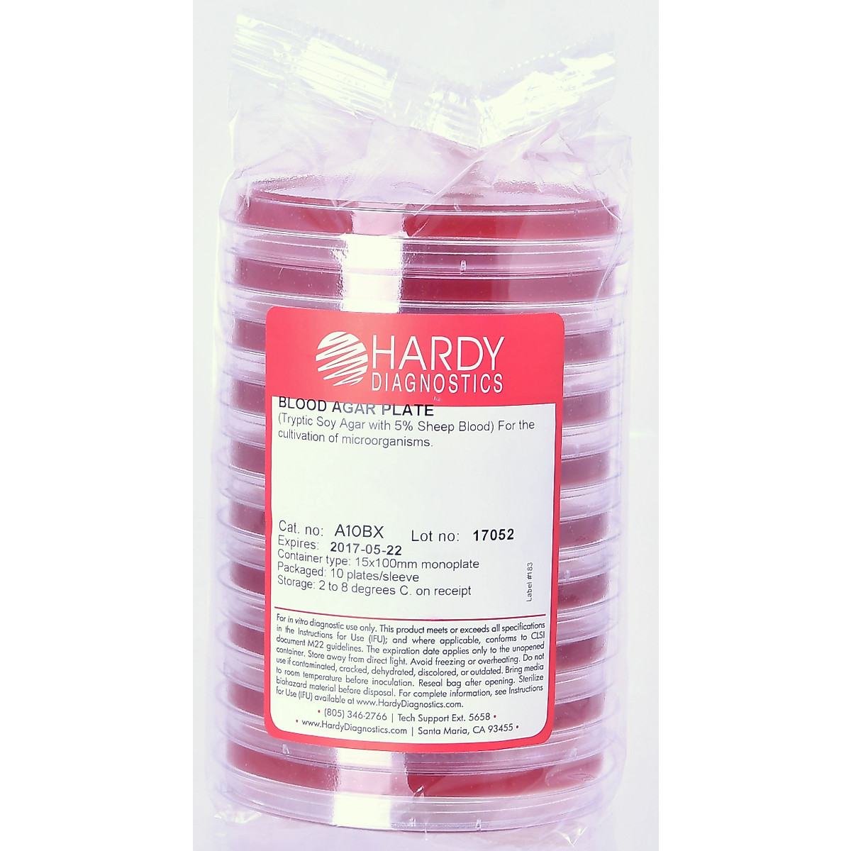 Blood Agar Plate, 5% Sheep Blood in Tryptic Soy Agar (TSA) Base, 15x100mm Plate, Order by The Package of 100, by Hardy Diagnostics