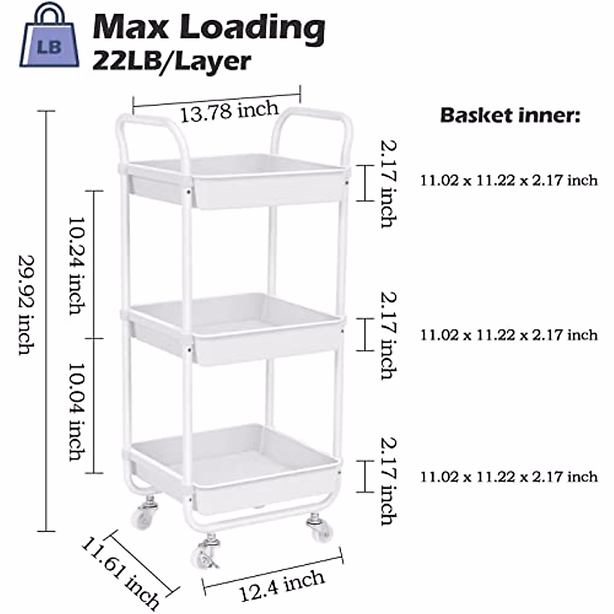 TOOLF 3-Tier Storage Rolling Cart, Kitchen Utility Cart with Wheels, Plastic Organiser Cart Rolling Trolley Shelving Unit, Storage Rack, Fruit Vegetable Rack