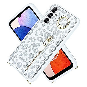 Jaorty Samsung Galaxy A14 5G Phone Case for Women with Card Holder,Crossbody Phone Case for Samsung Galaxy A14 with Strap Lanyard,Credit Card Slots Kickstand Case with Ring Holder,White Leopard