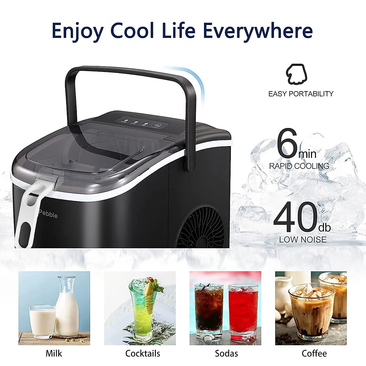 Joy Pebble Bullet Ice Maker Countertop with Handle,9 Bullet Ice Cubes Ready in 6 Mins,26Lbs/24H, Self-Cleaning Portable Ice Machine with Basket and Scoop, for Home/Kitchen, Black