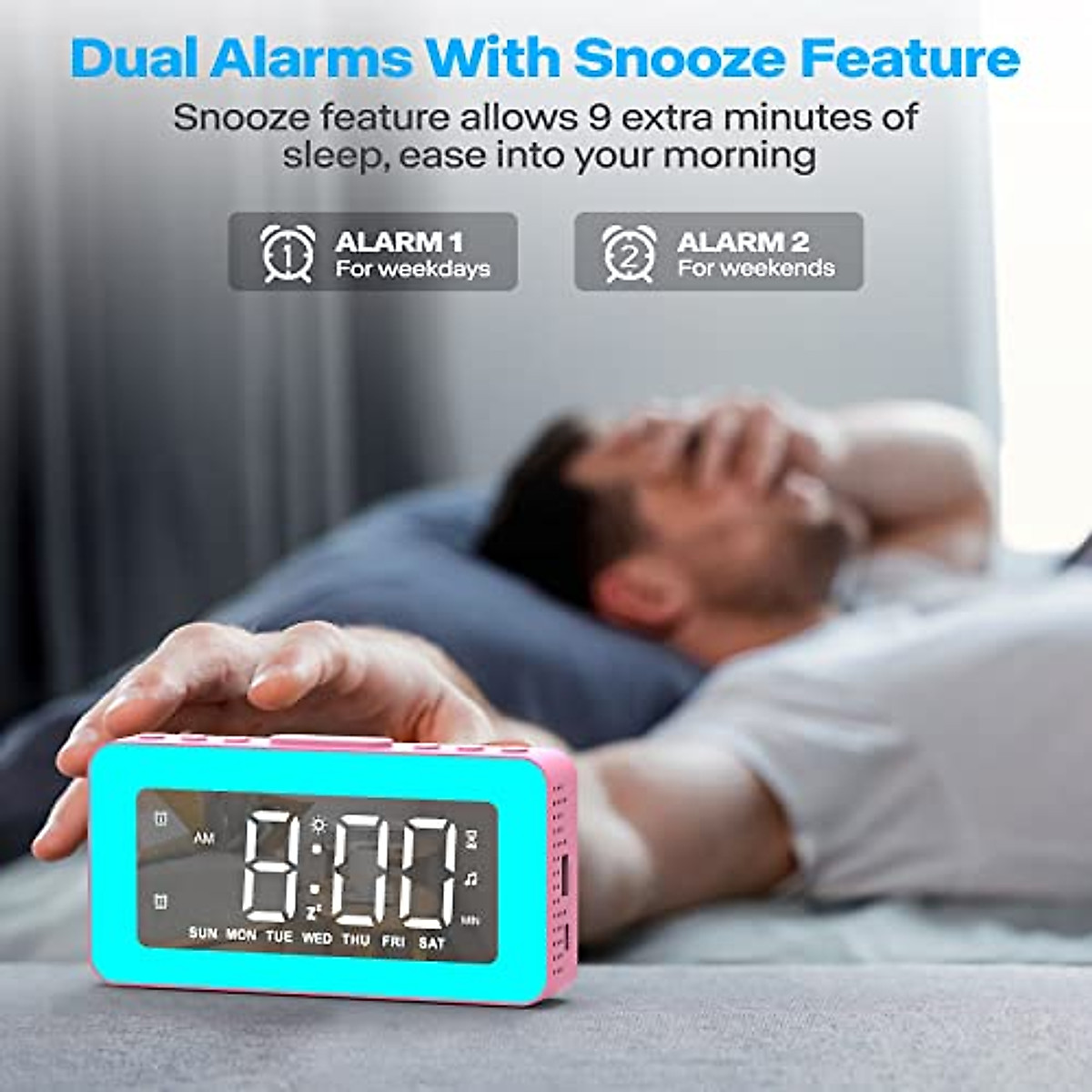 Super Loud Alarm Clock for Heavy Sleepers Adults, Teenagers, Teens, Kids, Digital Alarm Clock with 8 RGB Night Lights, 0%-100% Dimmable, Sleep Aid, Dual Alarms, Snooze, USB Charger, Ideal for Gift