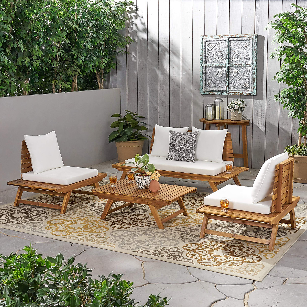 Great Deal Furniture Outdoor Acacia Wood 4 Seater Chat Set, Teak and White