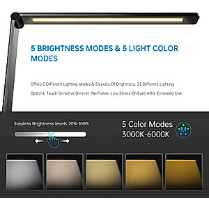 Fugetek LED Desk Office Lamp with Wireless Charger & USB Charging Port, 5 Light Color Modes, 5 Brightness Modes, Dimmer, Easy Touch Control, 30/60 Min Auto Off Timer, Eye-Caring, Black