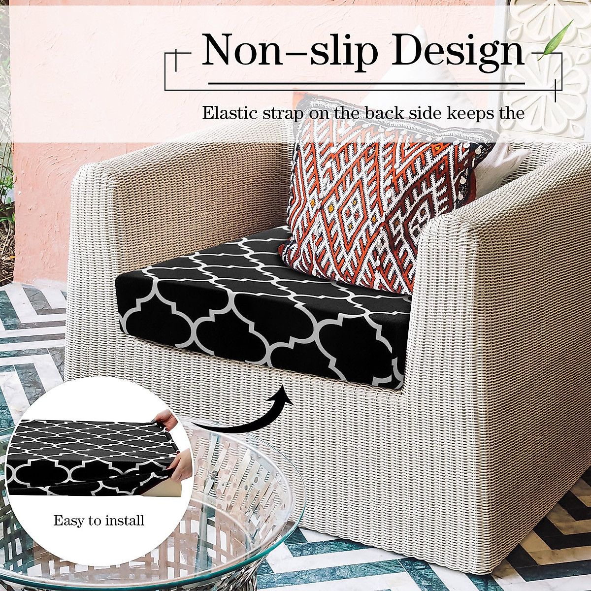 Newwiee 4 Pcs Patio Stretch Sofa Cushion Covers Moroccan Pattern Outdoor Cushion Covers Replacement Patio Furniture Cushion Couch Slipcovers Chair Seat Cover Soft Flexibility Protector (Black)