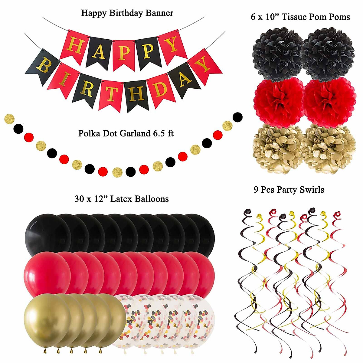 ANSOMO Red Black and Gold Happy Birthday Party Decorations Banner Swirls Balloons for Men Women Boys Girls Him Her