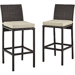 Crosley Furniture Palm Harbor Wicker Outdoor Bar Stools, Set of 2, Patio Furniture for Backyard, Balcony, Brown with Sand Cushion