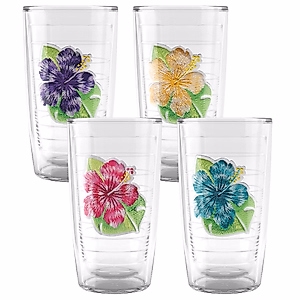 Tervis Tropical Hibiscus Collection Made in USA Double Walled Insulated Tumbler Cup Keeps Drinks Cold & Hot, 16oz 4pk, Assorted Island Hibiscus - No Lid