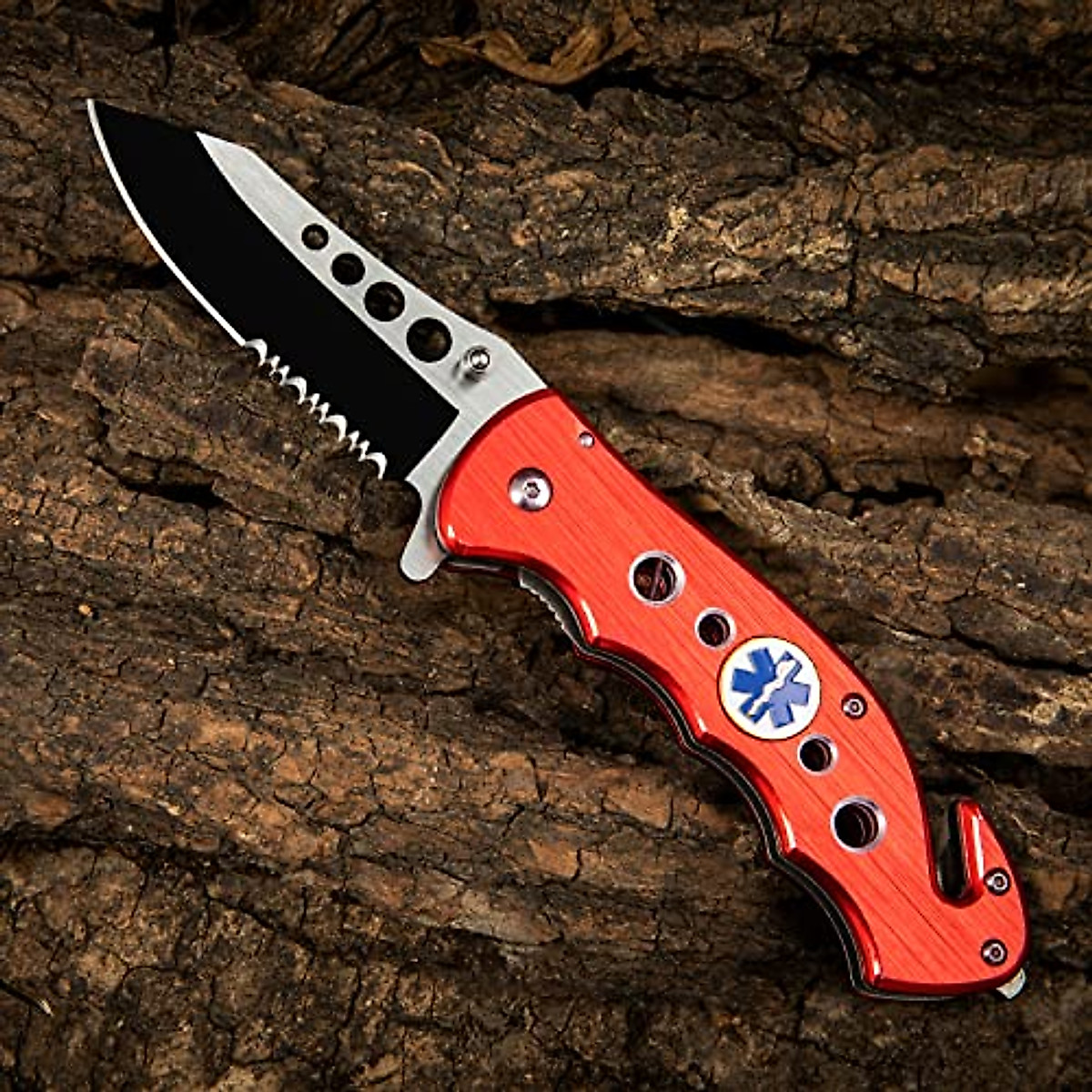 Dispatch Folding Pocket Knife Red Aluminum Handle with Saw Rope Cutter and Glass Breaker, Multifunction for Outdoor Hunting Camping Hiking EDC Tool