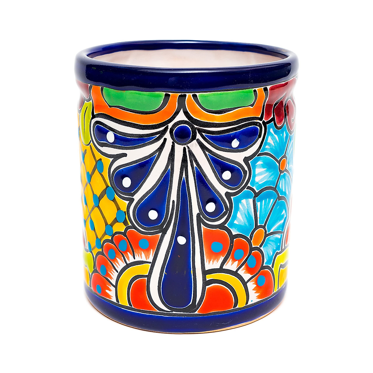 Enchanted Talavera Ceramic Large Utensil Holder Spatula Crock Kitchen Counter Organizer Mexican Pottery Utensils Tools Caddy Spoon Rest White Ceramic (Cobalt Large (7.5" H x 6" W)