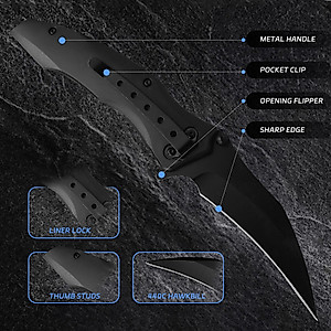 Kitory Pocket Knife, EDC Folding Knife Outdoor, Multi-Purpose Stainless Steel 8Cr15MoV Black Hawkbill Blade,Military Style, Mens Gift