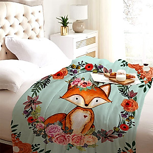 Fox Blanket Flower Fox Print Throw Blanket Super Soft Flannel Blankets Gifts for Kids Adults 60"x50"