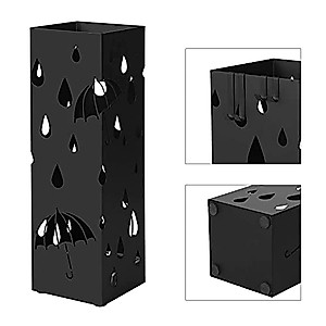 SONGMICS Metal Umbrella Stand, Square Umbrella Holder with Water Tray and Hooks, 6.1 x 6.1 x 19.3 Inches, Black ULUC49B