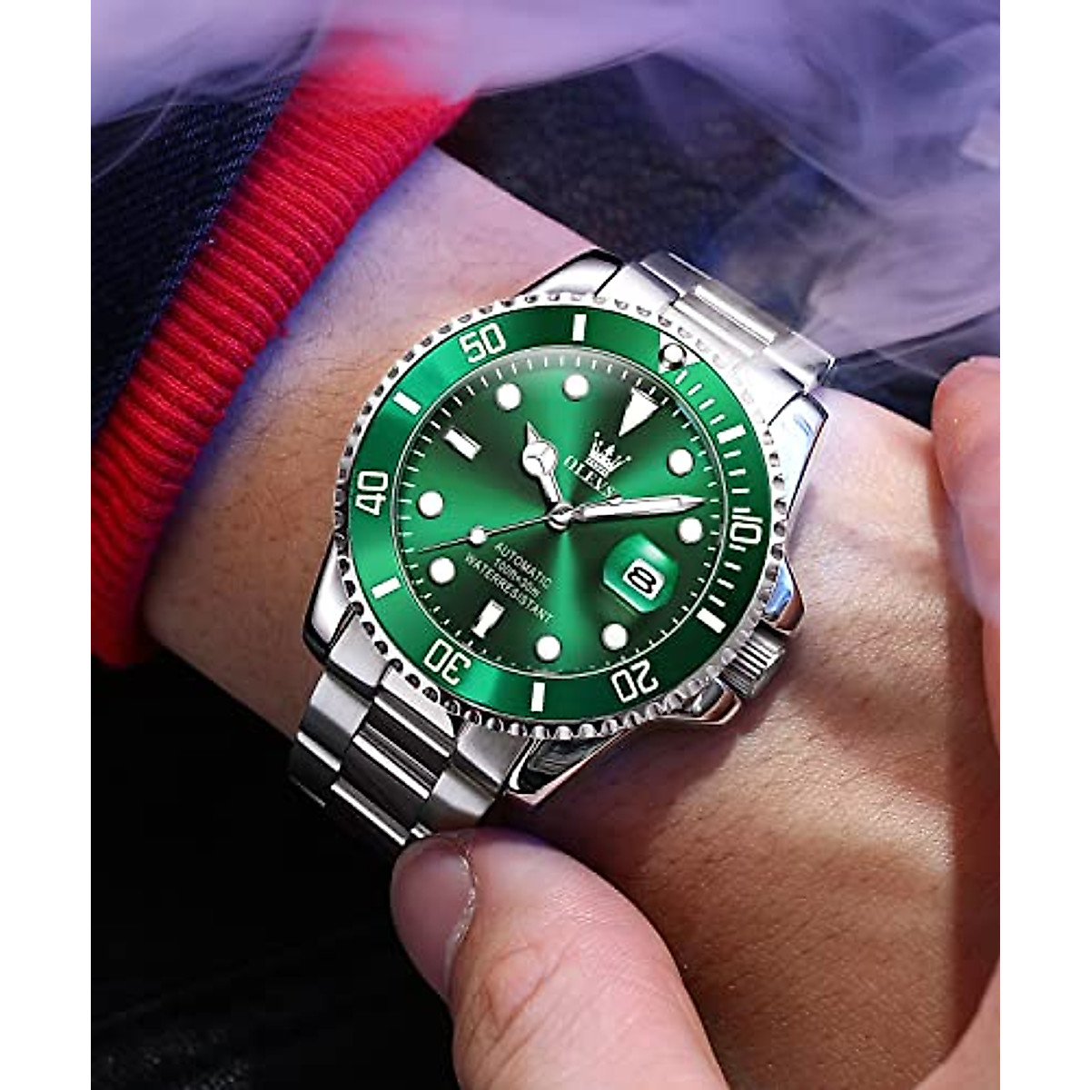 Men Automatic Wirst Watches Self Winding Silver And Green Automatic Watches for Men Mechanical Waterproof Big Face Stainless Steel Date No Battery Watches Man Luminous Submariner Wristwatch Gift