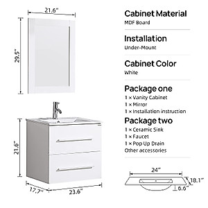 wonline 24" White Wall Mounted Bathroom Vanity Set Two Drawers Storage Cabinet with Ceramic Vessel Sink and Mirror Combo Chrome Faucet