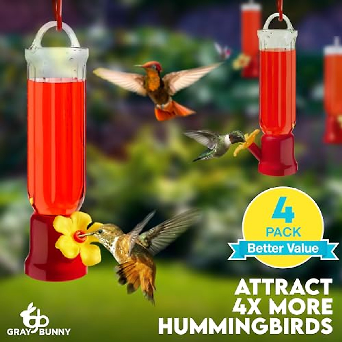 Gray Bunny Hummingbird Feeder - Pack of 4 - Hanging Outdoor Hummingbird Feeders with Post Wires for Bird Feeder Post, Shepherd Hooks - Great Hummingbird Gifts!