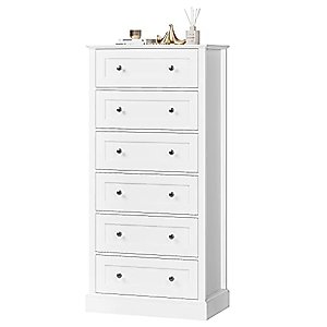 FACBOTALL 6 Drawer Dresser, Tall White Dresser for Bedroom with Mental Double Handles, Chest of Drawers for Clothes Storage Cabinet Hallway Living Room