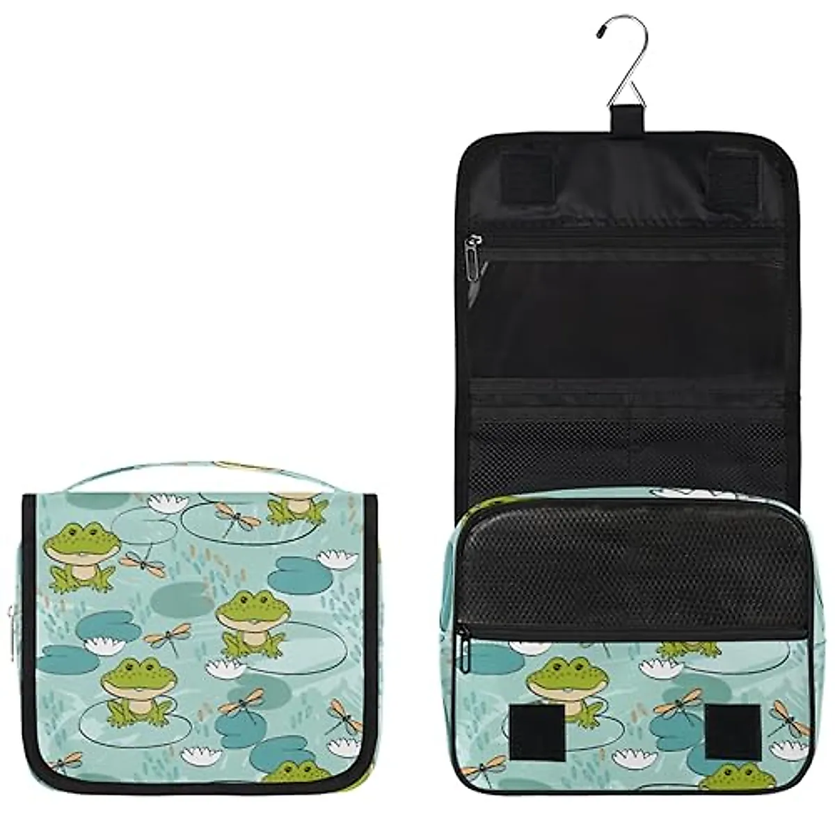 POFATO Frog Dragonfly Lotus Leaf Travel Toiletry Bag Cosmetic Makeup Bag for Women Men Hanging Hook Wash Toiletries Portable Toiletry Bags Organizer