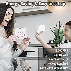 HUTAKUZE Smart Light Bulbs, WiFi+BLE Smart Bulb, LED Bulb Work with Alexa & Google Assistant, A19/E26, 9W 120V 806lm, Schedules, Dimmable, Biorhythm, No Hub (4 Pack)