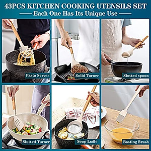 Silicone Cooking Utensils Set, 43Pcs Non-Stick Heat Resistant Kitchen Utensils Spatula Set with Wooden Handle for Baking, Cooking, and Mixing, Best Kitchen Gadgets Tools with Holder (Khaki)