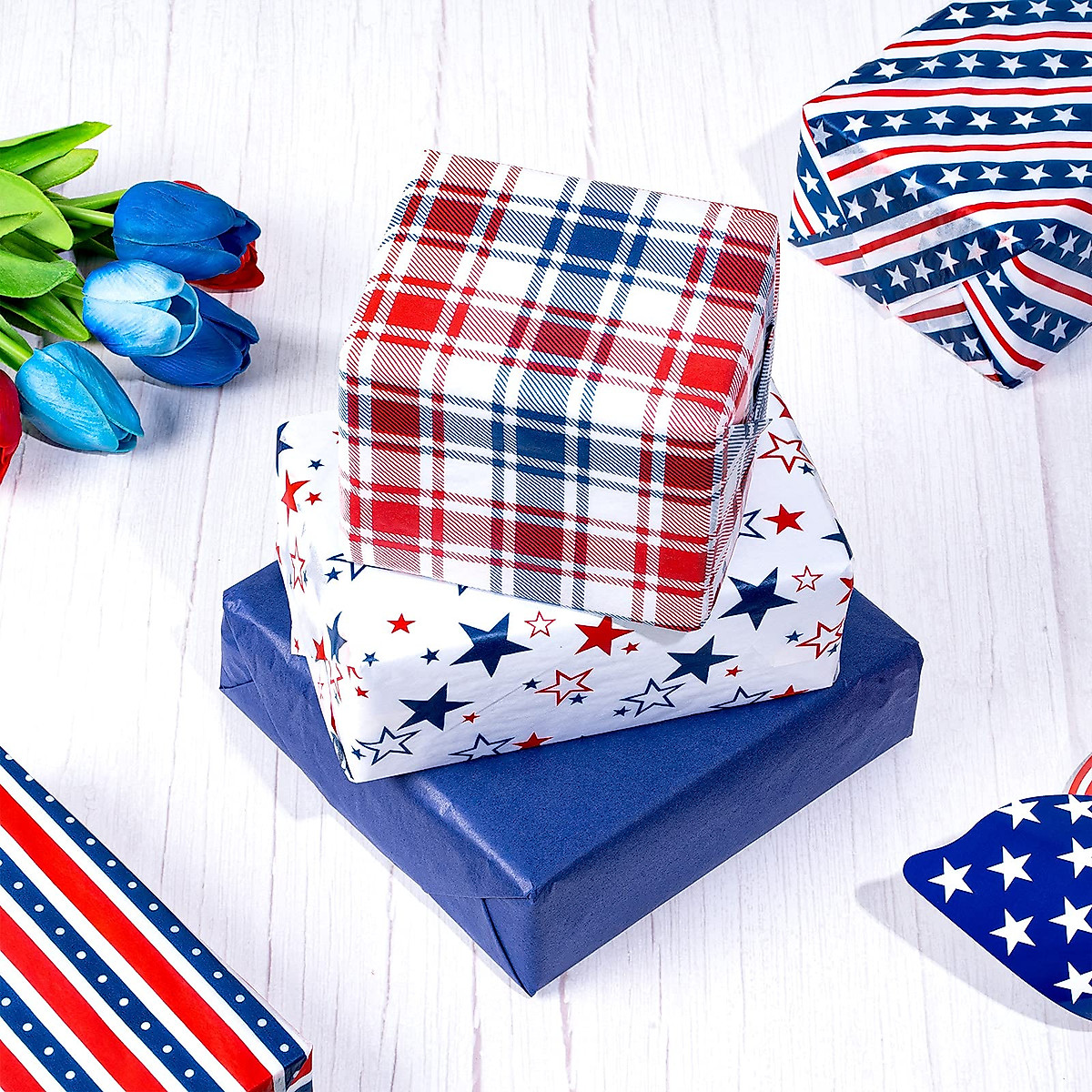 Whaline 4th of July Tissue Paper 90 Sheet Patriotic Stars Stripes Pattern Tissue Paper 6 Design Red Blue White Wrapping Paper Holiday Art Tissue for Independence Day DIY Gift Packing Party Favor