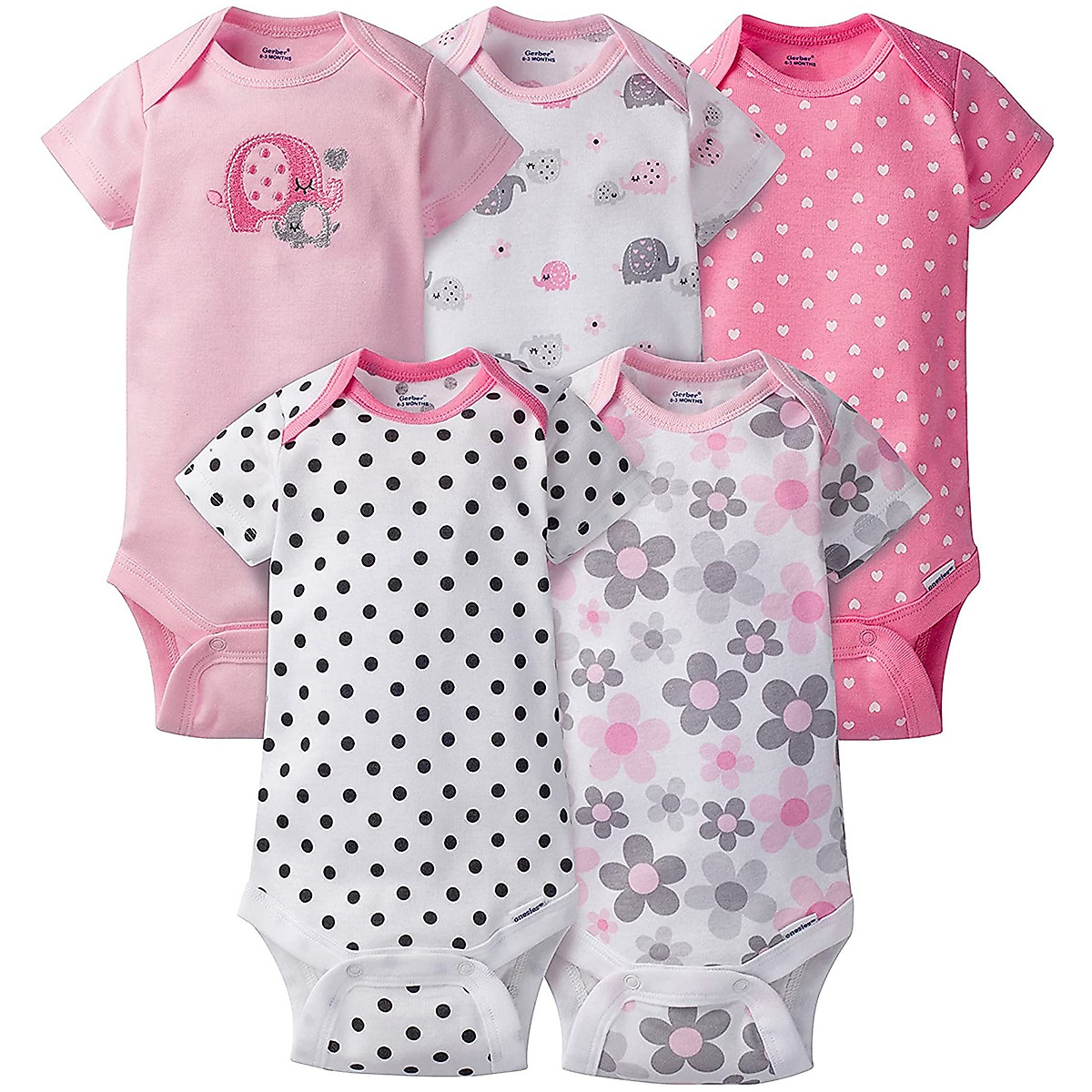 Gerber baby girls 5-pack Variety Onesies Bodysuits girl bodysuits, Elephants/Flowers, 0-3 Months US